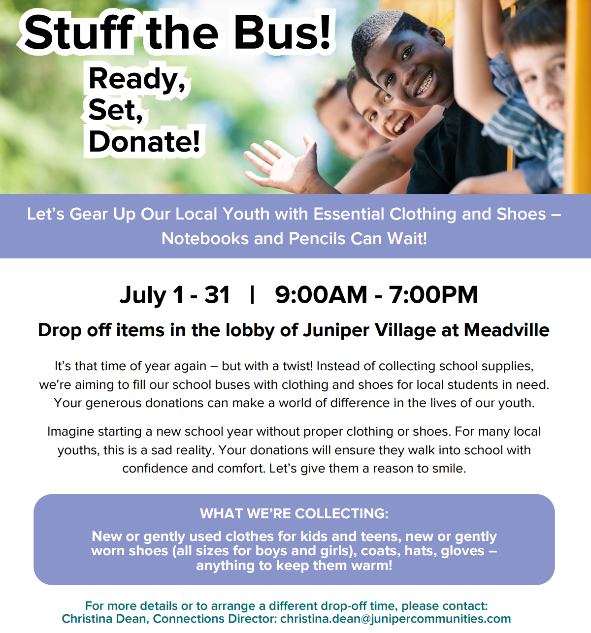 “Stuff the Bus”: Ready, Set, Donate With Juniper Village at Meadville ...